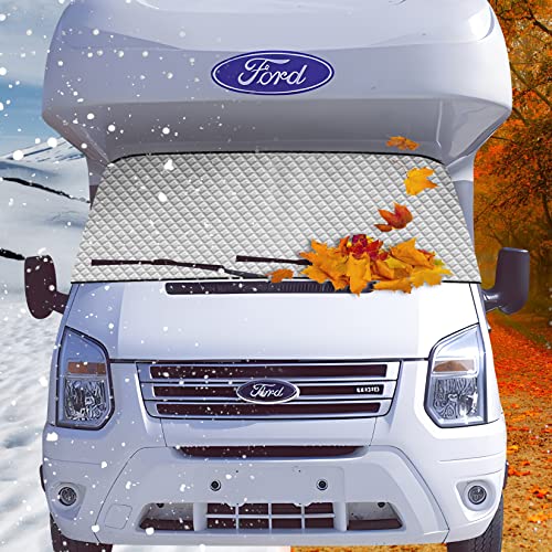 Komsepor RV Windshield Cover for Class C Ford 1997-2022 RV Front Window 4 Layers Class C Motorhome Cover 27 Foot Temperature Control Sunshade/Snow Cover Upgraded Strong Magnet/Side Mirror Cutout