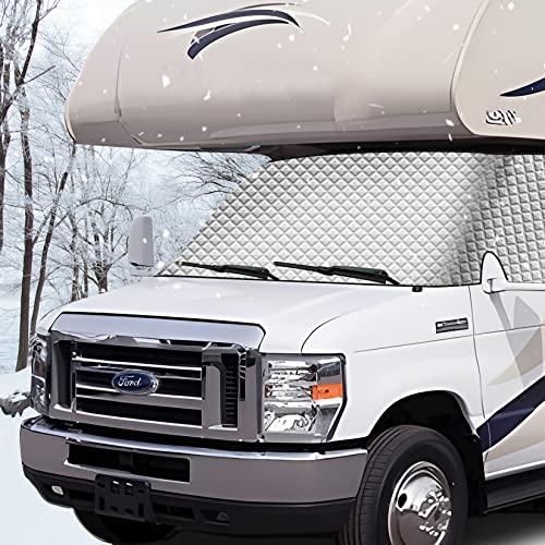 Komsepor RV Windshield Cover for Class C Ford 1997-2022 RV Front Window 4 Layers Class C Motorhome Cover 27 Foot Temperature Control Sunshade/Snow Cover Upgraded Strong Magnet/Side Mirror Cutout