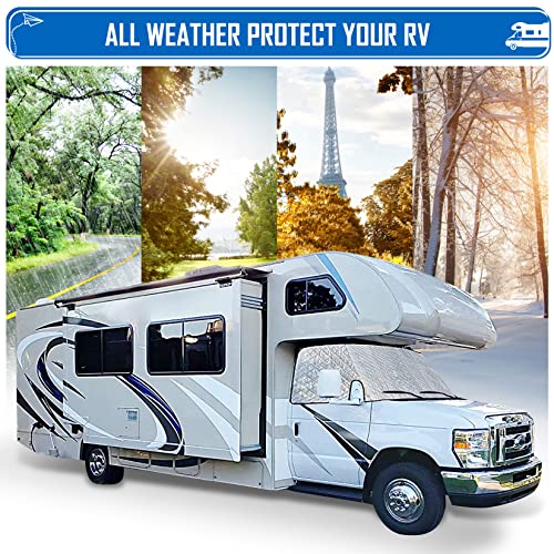 Komsepor RV Windshield Cover for Class C Ford 1997-2022 RV Front Window 4 Layers Class C Motorhome Cover 27 Foot Temperature Control Sunshade/Snow Cover Upgraded Strong Magnet/Side Mirror Cutout