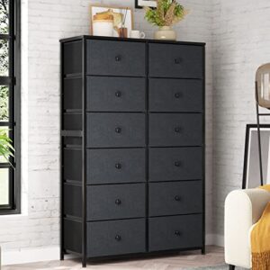 enhomee 12 drawer dresser, tall dressers for bedroom with wooden top and metal frame, black dresser & chest of drawers for bedroom, closet living room, black grey, 11.9" d x 34.8" w x 52.2" h