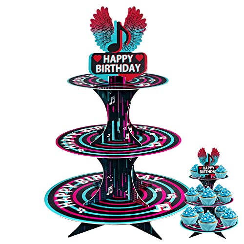 GLURUITE Tik Music Cupcake Stand 3-Tier Musical Birthday party decorations, Tok Musical Cupcake Tower for Music Themed Party Supplies Favors