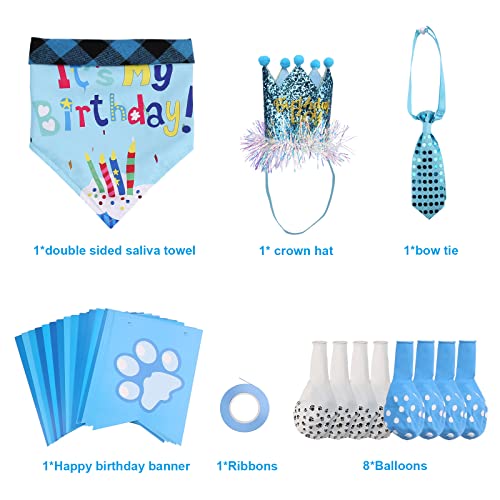 Ownpets Dog Birthday Outfit Set, Shinning Dog Bow Tie with Prince Crown & Double Sided Saliva Towel, Birthday Banner & Paw Print Balloons for Pet Puppy Dog Cat Boy Birthday Parties