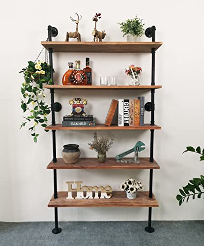 Anynice 5 Tier Industrial Ladder Shelf Bookcase, Wall Mounted Wood Metal Pipe Rustic Bookshelf for Living Room (Weathered Brown, 10" D x 36" W x 70" H)