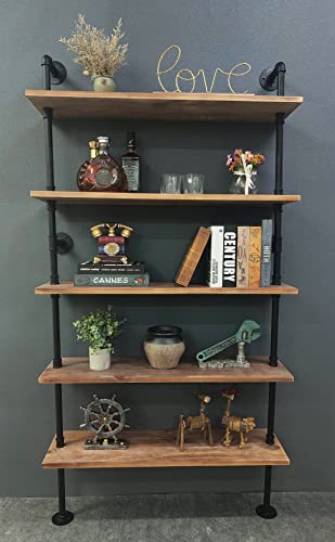 Anynice 5 Tier Industrial Ladder Shelf Bookcase, Wall Mounted Wood Metal Pipe Rustic Bookshelf for Living Room (Weathered Brown, 10" D x 36" W x 70" H)