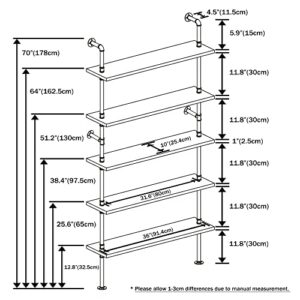 Anynice 5 Tier Industrial Ladder Shelf Bookcase, Wall Mounted Wood Metal Pipe Rustic Bookshelf for Living Room (Weathered Brown, 10" D x 36" W x 70" H)