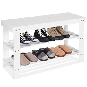 costway bamboo shoe rack bench 3-tier free standing wood shoe storage organizer shelf holder home entryway hallway furniture eco-friendly (white)