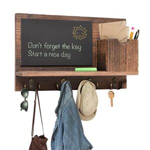 nukied key holder for wall decorative, mail organizer wall mount with 4 double key hooks and message board, rustic wooden key and mail holder for wall, home decor for entryway, hallway, brown