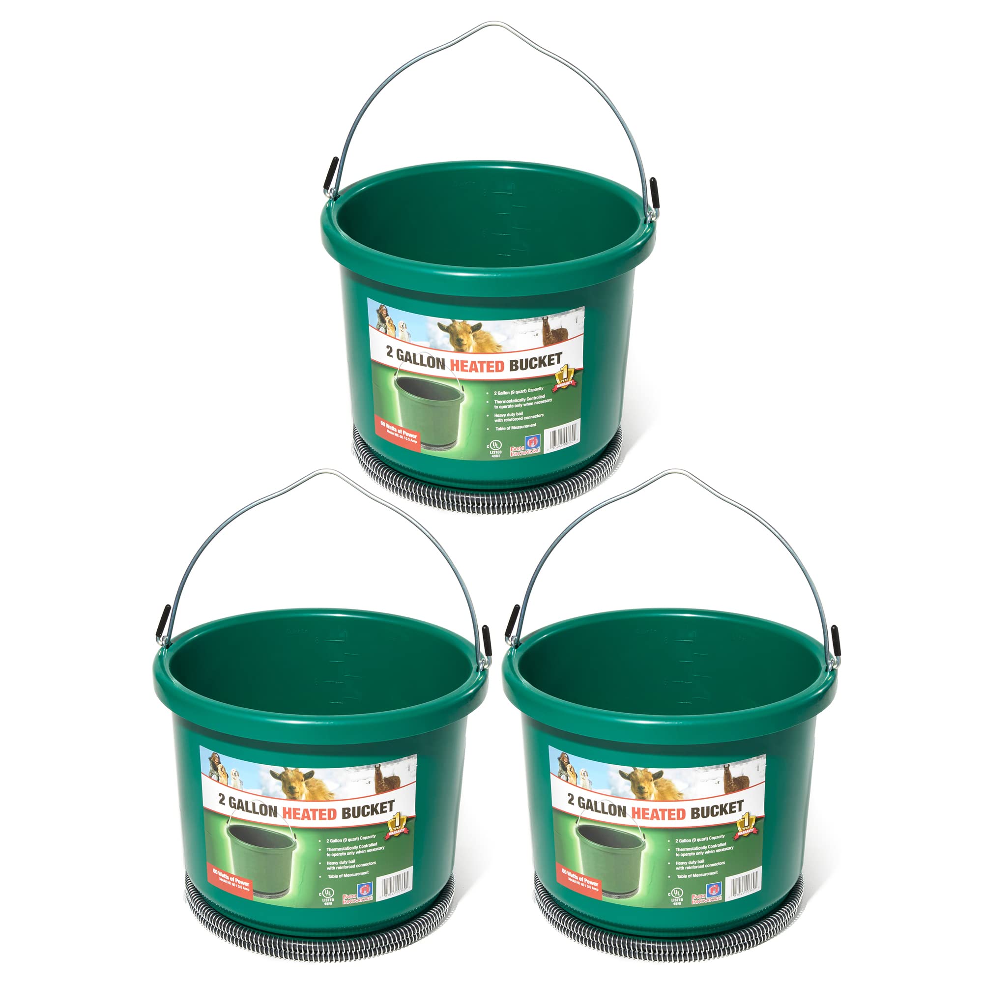 Farm Innovators HB-60 9 Quart 2 Gallon Plastic Heated Bucket w/Metal Handle, Built in Thermostat, & Anti Chew Cord Protector, 60 Watt, Green (3 Pack)