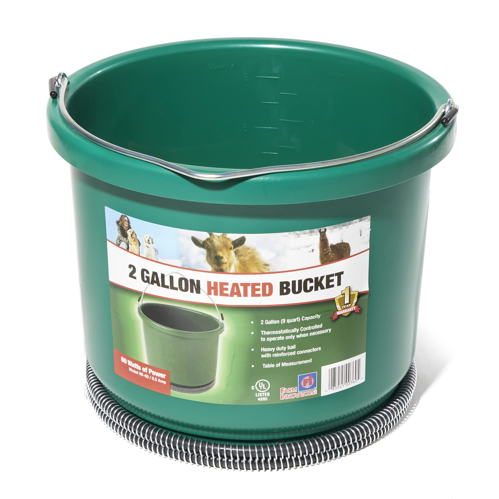 Farm Innovators HB-60 9 Quart 2 Gallon Plastic Heated Bucket w/Metal Handle, Built in Thermostat, & Anti Chew Cord Protector, 60 Watt, Green (3 Pack)