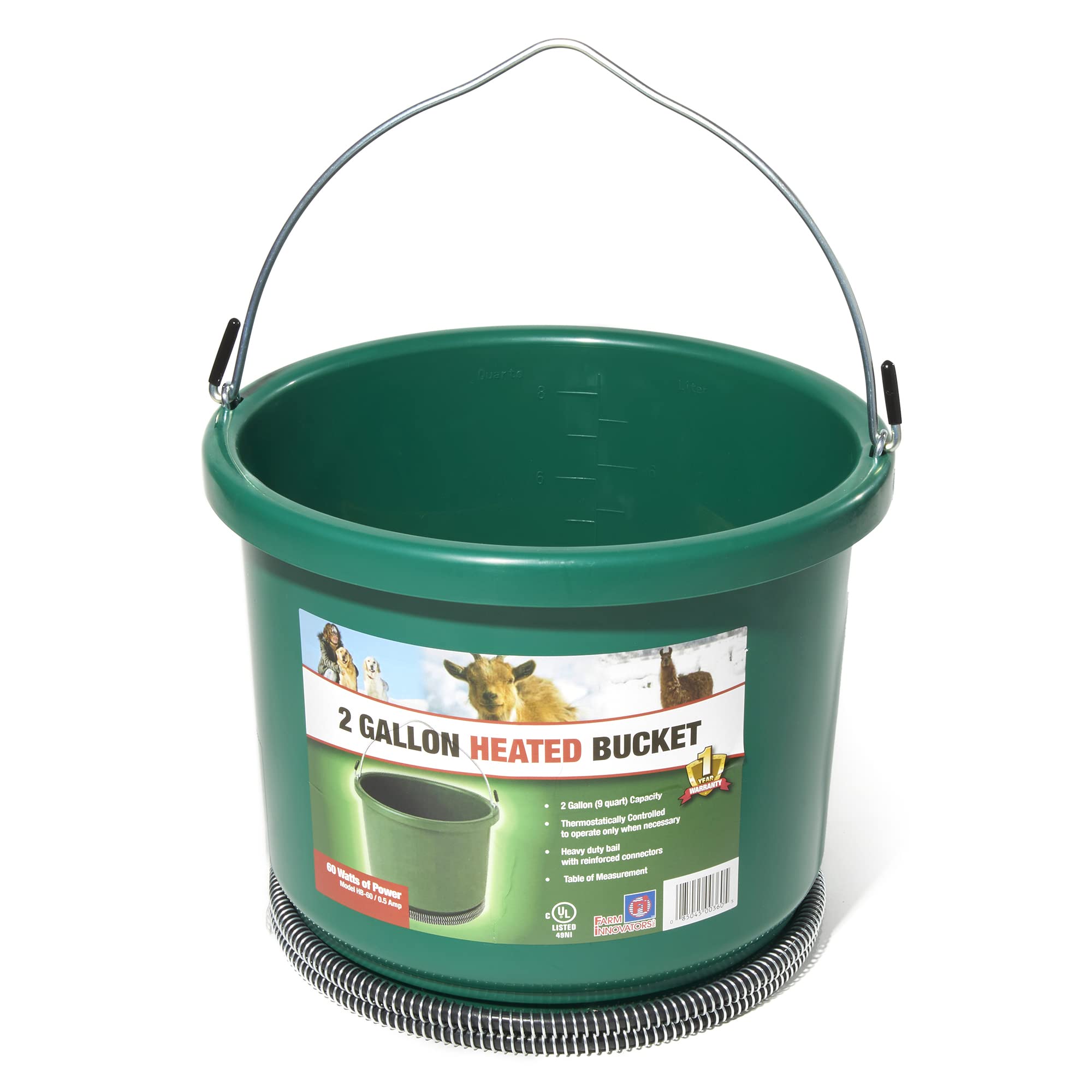 Farm Innovators HB-60 9 Quart 2 Gallon Plastic Heated Bucket w/Metal Handle, Built in Thermostat, & Anti Chew Cord Protector, 60 Watt, Green (3 Pack)