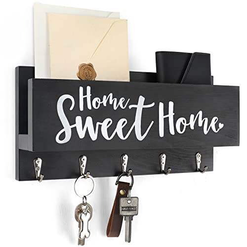 FIPUTE Mail and Key Holder for Wall, Decorative Entryway Organizer Shelf with Hooks for Dog Leash, Sunglasses, Purses, Coats – 100% Solid Wood Key Hanger 11.8” x 5.9” x 3.2”