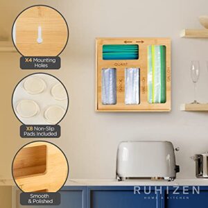 Ruhizen Food Storage Bag Organizer - Bamboo Ziplock Bag Organizer for Drawer, Countertop, or Wall Mounting - Baggie Dispenser with Gallon, Sandwich, Quart, and Snack Slots