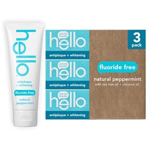 hello antiplaque whitening toothpaste, fluoride free toothpaste for teeth whitening with natural peppermint flavor and tea tree oil, peroxide free, gluten free, sls free, 3 pack, 4.7 oz tubes