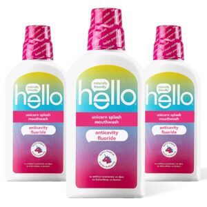 hello kids mouthwash with unicorn bubble gum flavor, alcohol free mouthwash for kids with fluoride, safe for ages 6 and up, anticavity, vegan, no alcohol, no dyes, 3 pack, 16 oz bottles