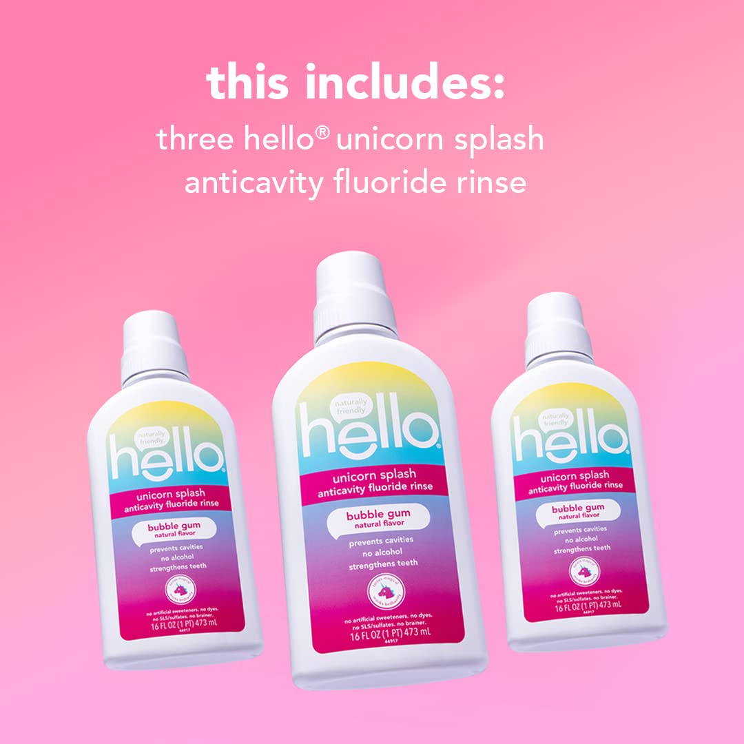 Hello Kids Mouthwash with Unicorn Bubble Gum Flavor, Alcohol Free Mouthwash for Kids with Fluoride, Safe for Ages 6 and Up, Anticavity, Vegan, No Alcohol, No Dyes, 3 Pack, 16 OZ Bottles