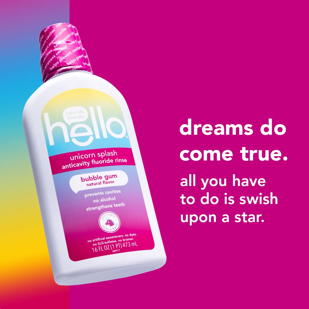 Hello Kids Mouthwash with Unicorn Bubble Gum Flavor, Alcohol Free Mouthwash for Kids with Fluoride, Safe for Ages 6 and Up, Anticavity, Vegan, No Alcohol, No Dyes, 3 Pack, 16 OZ Bottles