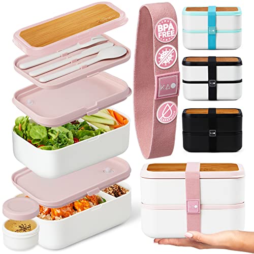 KARRICO Double Premium Bento Box, 67 fl oz BPA Free - Two Stackable Containers with Leak-Proof Lids & Adjustable Dividers For Easy Portion Control & Meal Prep Lunch Box (Dusty Pink)