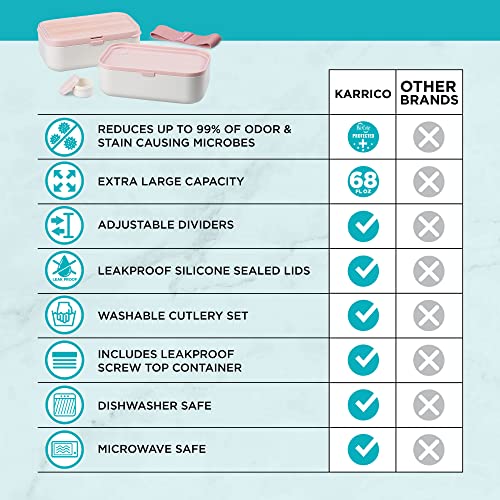 KARRICO Double Premium Bento Box, 67 fl oz BPA Free - Two Stackable Containers with Leak-Proof Lids & Adjustable Dividers For Easy Portion Control & Meal Prep Lunch Box (Dusty Pink)