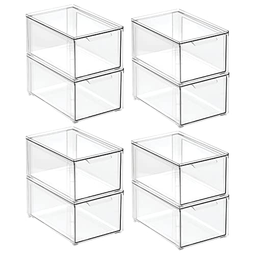 mDesign Plastic Stackable Bathroom Storage Organizer Bin with Pull Out Drawer for Cabinet, Vanity, Shelf, Cupboard, Cabinet, or Closet Organization - Lumiere Collection - 8 Pack - Clear