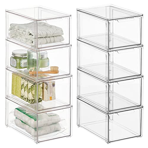 mDesign Plastic Stackable Bathroom Storage Organizer Bin with Pull Out Drawer for Cabinet, Vanity, Shelf, Cupboard, Cabinet, or Closet Organization - Lumiere Collection - 8 Pack - Clear