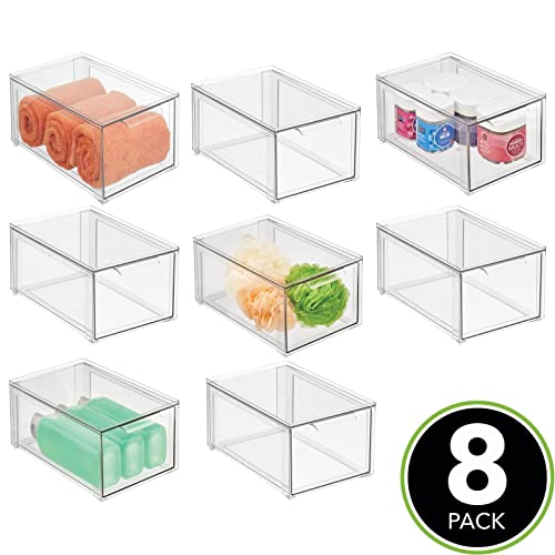 mDesign Plastic Stackable Bathroom Storage Organizer Bin with Pull Out Drawer for Cabinet, Vanity, Shelf, Cupboard, Cabinet, or Closet Organization - Lumiere Collection - 8 Pack - Clear