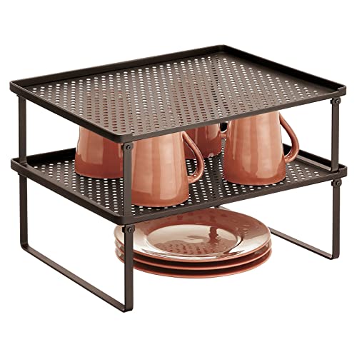 mDesign Metal Kitchen Shelf Organizer Rack - Stacker Storage Risers for Cabinet, Counter, Cupboard, or Pantry - Holder Stand for Plates, Dishes, Cups, Bowl, and Glasses - 2 Pack - Bronze