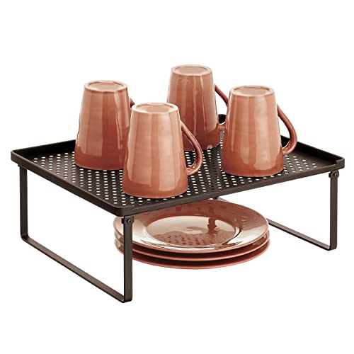 mDesign Metal Kitchen Shelf Organizer Rack - Stacker Storage Risers for Cabinet, Counter, Cupboard, or Pantry - Holder Stand for Plates, Dishes, Cups, Bowl, and Glasses - 2 Pack - Bronze