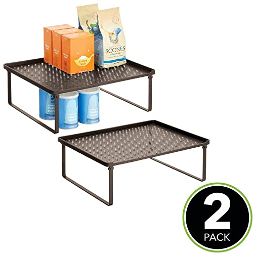 mDesign Metal Kitchen Shelf Organizer Rack - Stacker Storage Risers for Cabinet, Counter, Cupboard, or Pantry - Holder Stand for Plates, Dishes, Cups, Bowl, and Glasses - 2 Pack - Bronze