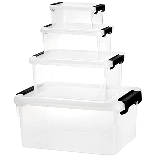 Jucoan 4 Pack Clear Plastic Storage Bin with Lid and Black Buckles, 8.5/4.5/1/0.5 Quart Stackable Plastic Latch Bin Tote Container for Snack Toy Crafts Art Supplies