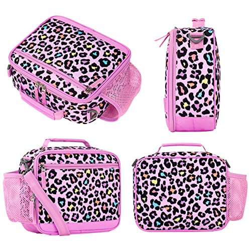 Choco Mocha Cheetah Lunch Box Kids Lunch Box for Girls Lunch Boxes for School Girls Leopard Lunchbox for Kids Lunch Bag for Girls with Shoulder Strap for Toddler Preschool Kindergarten kids 3yrs+ Pink