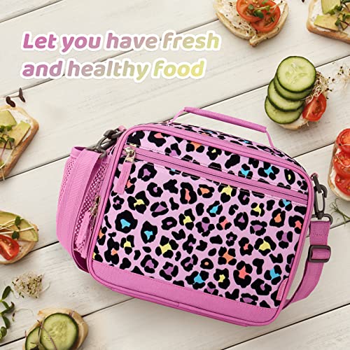 Choco Mocha Cheetah Lunch Box Kids Lunch Box for Girls Lunch Boxes for School Girls Leopard Lunchbox for Kids Lunch Bag for Girls with Shoulder Strap for Toddler Preschool Kindergarten kids 3yrs+ Pink