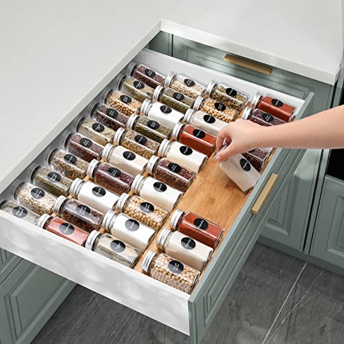 Bamboo Spice Drawer Organizer, 4 Tier Spices Rack for Cabinet Drawer Expandable From 13" to 26" Seasoning Storage Organizer Insert