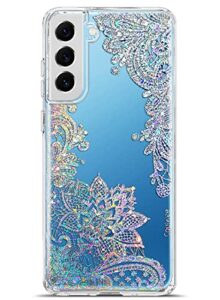 coolwee clear glitter for galaxy s22, 6.1 inch, thin flower slim cute crystal lace bling shiny for women girls floral plastic hard back soft tpu bumper protective cover for samsung s22 mandala henna