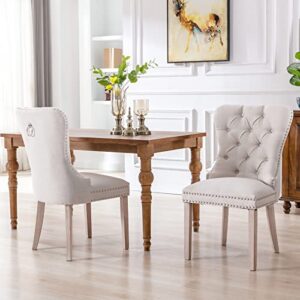 chairus dining chairs set of 2 with tufted high back retro linen fabric upholstered dining room chairs side chairs rustic white wood legs nailhead trim ring pull- beige 2pcs