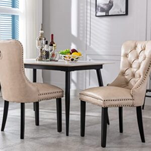 CIMOTA PU Leather Dining Chairs Set of 2, Upholstered Modern Tufted Dining Room Chairs Nailhead Trim Armless Side Chair with Solid Wood for Kitchen/Dining Room/Bedroom (Beige, Ring on The Back)