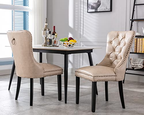 CIMOTA PU Leather Dining Chairs Set of 2, Upholstered Modern Tufted Dining Room Chairs Nailhead Trim Armless Side Chair with Solid Wood for Kitchen/Dining Room/Bedroom (Beige, Ring on The Back)