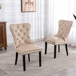 CIMOTA PU Leather Dining Chairs Set of 2, Upholstered Modern Tufted Dining Room Chairs Nailhead Trim Armless Side Chair with Solid Wood for Kitchen/Dining Room/Bedroom (Beige, Ring on The Back)