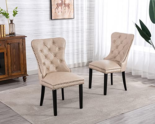 CIMOTA PU Leather Dining Chairs Set of 2, Upholstered Modern Tufted Dining Room Chairs Nailhead Trim Armless Side Chair with Solid Wood for Kitchen/Dining Room/Bedroom (Beige, Ring on The Back)