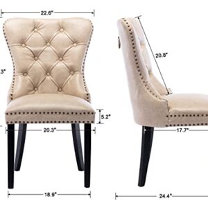 CIMOTA PU Leather Dining Chairs Set of 2, Upholstered Modern Tufted Dining Room Chairs Nailhead Trim Armless Side Chair with Solid Wood for Kitchen/Dining Room/Bedroom (Beige, Ring on The Back)