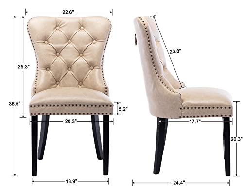 CIMOTA PU Leather Dining Chairs Set of 2, Upholstered Modern Tufted Dining Room Chairs Nailhead Trim Armless Side Chair with Solid Wood for Kitchen/Dining Room/Bedroom (Beige, Ring on The Back)