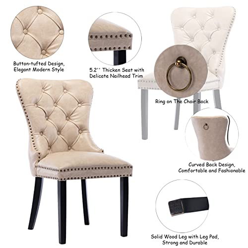 CIMOTA PU Leather Dining Chairs Set of 2, Upholstered Modern Tufted Dining Room Chairs Nailhead Trim Armless Side Chair with Solid Wood for Kitchen/Dining Room/Bedroom (Beige, Ring on The Back)