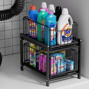 lxmons 2 tier basket drawer organizer, pull out under sink cabinets , metal home organizer shelf for bathroom or kitchen, sliding countertop or pantry storage shelf, large black