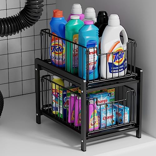 Lxmons 2 Tier Basket Drawer Organizer, Pull Out Under Sink Cabinets , Metal Home Organizer Shelf for Bathroom or Kitchen, Sliding Countertop or Pantry Storage shelf, Large Black