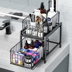 Lxmons 2 Tier Basket Drawer Organizer, Pull Out Under Sink Cabinets , Metal Home Organizer Shelf for Bathroom or Kitchen, Sliding Countertop or Pantry Storage shelf, Large Black