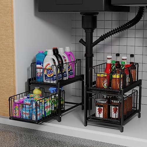 Lxmons 2 Tier Basket Drawer Organizer, Pull Out Under Sink Cabinets , Metal Home Organizer Shelf for Bathroom or Kitchen, Sliding Countertop or Pantry Storage shelf, Large Black