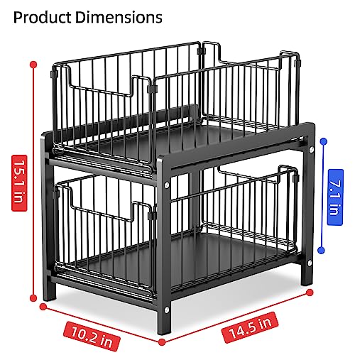 Lxmons 2 Tier Basket Drawer Organizer, Pull Out Under Sink Cabinets , Metal Home Organizer Shelf for Bathroom or Kitchen, Sliding Countertop or Pantry Storage shelf, Large Black