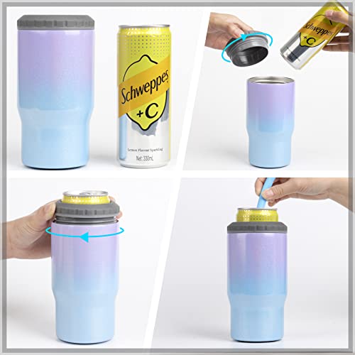 4 in 1 Can Cooler Water Bottle, 12oz Stainless Steel Beer Bottle with Straw Fits Slim Skinny Bottle & Can, Non-Slip | Blue Gradient