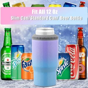 4 in 1 Can Cooler Water Bottle, 12oz Stainless Steel Beer Bottle with Straw Fits Slim Skinny Bottle & Can, Non-Slip | Blue Gradient