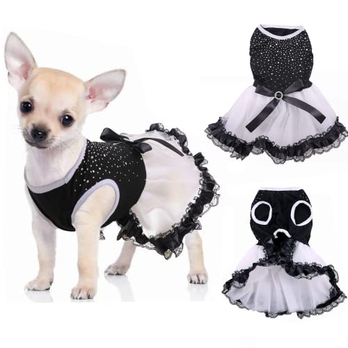 Shining Dog Dress Formal Clothes Princess Voile Tutu Evening Skirt Apparel for Small Dogs Cat Girl Chihuahua Yorkie Clothing, Doggie Wedding Attire Gown Costume One-Piece Outfit Bow for Birthday Party