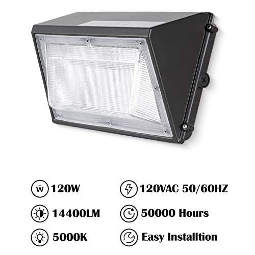 ZJOJO 120W LED Wall Pack Light with Dusk-to-Dawn Photocel, 5000K 14400LM Commerical Security Lighting, 800W-1000W HPS/HID Equiv. 120V Outdoor Lighting Fixtures, IP65 Waterproof Area Lights, ETL Listed